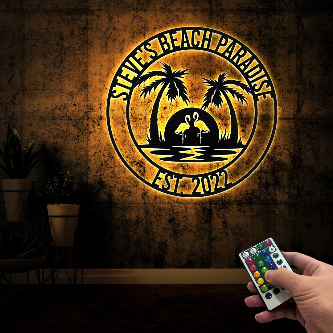 Flamingo Metal Wall Art With Lights, Personalized Beach Sign Paradise ...