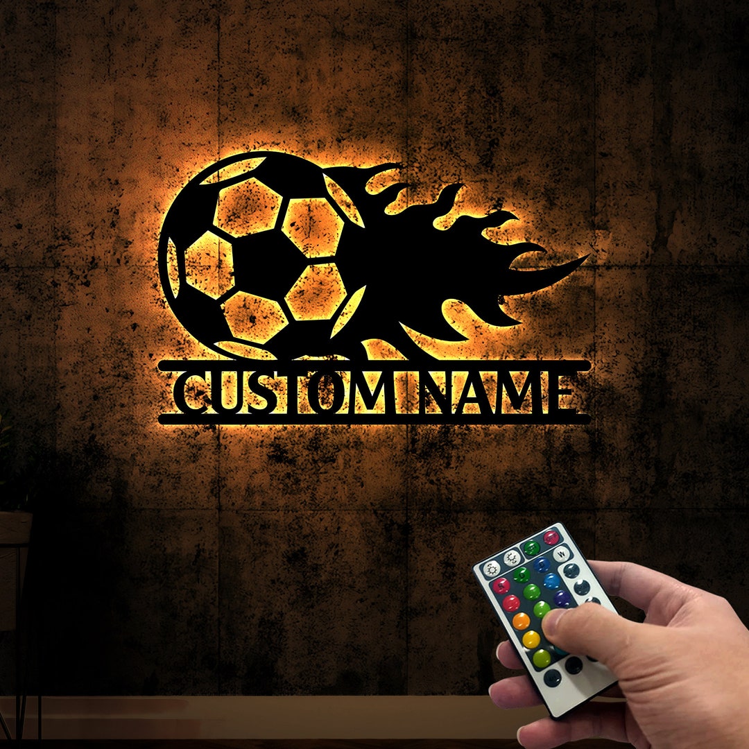 Personalized Soccer Fire Sign With Led Lights, Kids Room Decor, Gift ...