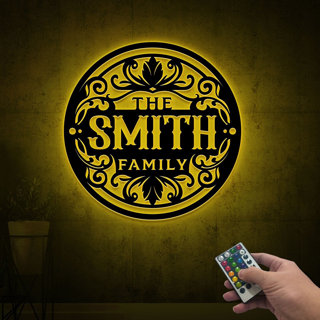 Custom Family Name Metal Wall Art With Led Lights, Monogram Sign ...