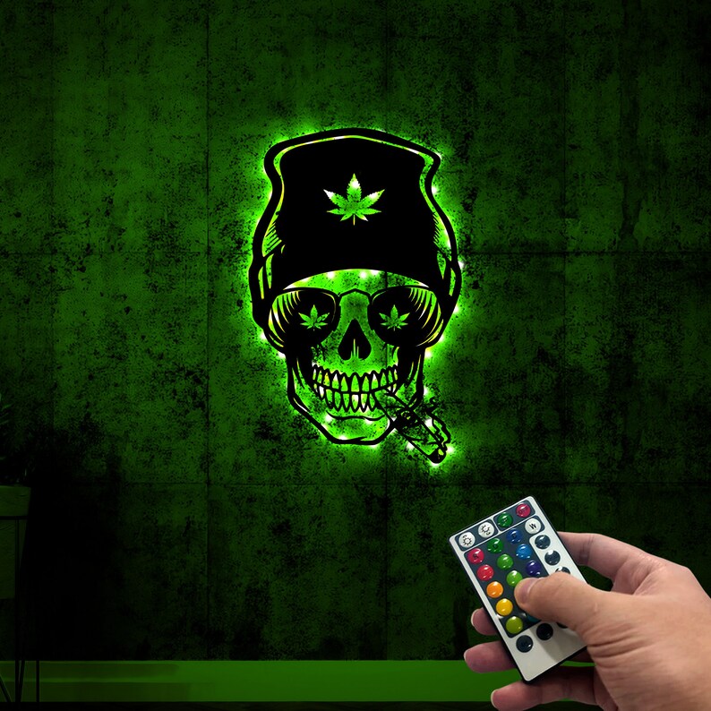 Skull Smoking Weed Metal Wall Art With Lights Marijuana Skull - Etsy