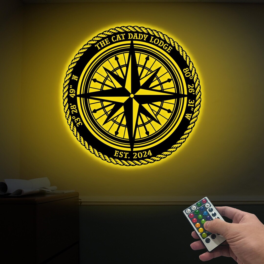 Custom Compass Metal Sign With Led Light, Custom Coordinates Sign ...