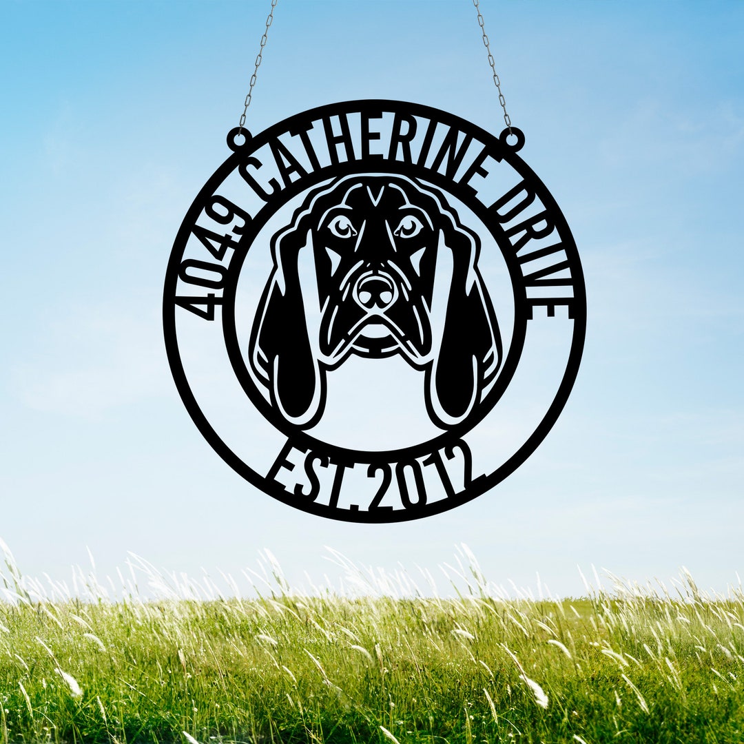 Custom Monogram Metal Sign, Coonhound Dog Metal Art, Family Address ...