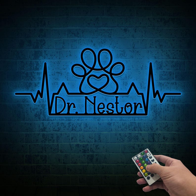 Custom Veterinary Clinic Metal Art, Paw Print Heartbeat, LED Light Sign ...