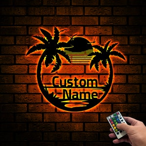 Custom Beach Sunset Palm Trees Metal Sign With Led Lights, Beach House ...