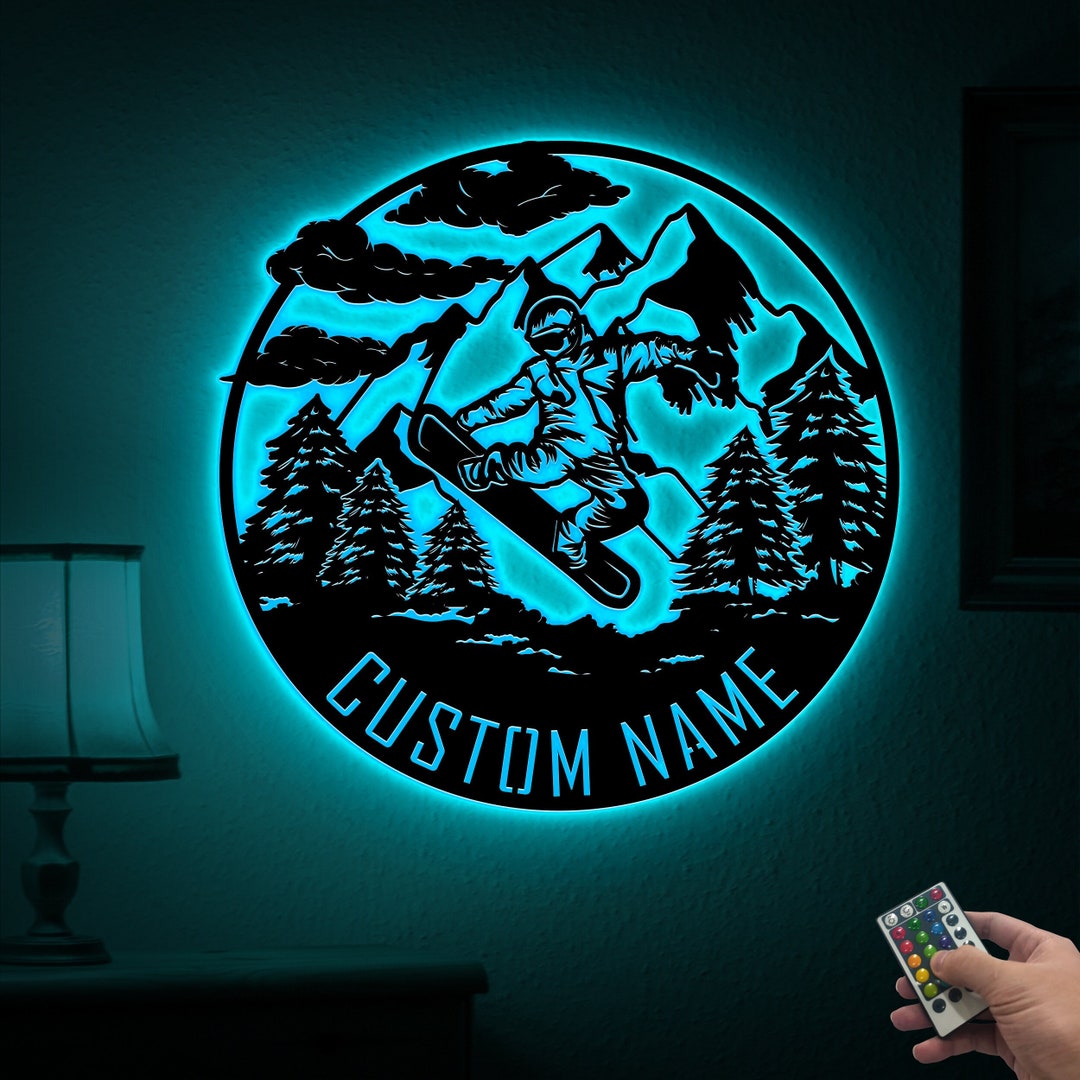Custom Snowboard Metal Wall Art With Led Lights, Snowboarder Mountain ...