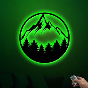 Mountain and Forest Metal Wall Art With Led Light, Mountain Range View ...