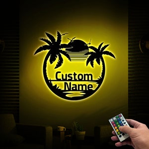 Custom Beach Sunset Palm Trees Metal Sign With Led Lights, Beach House ...