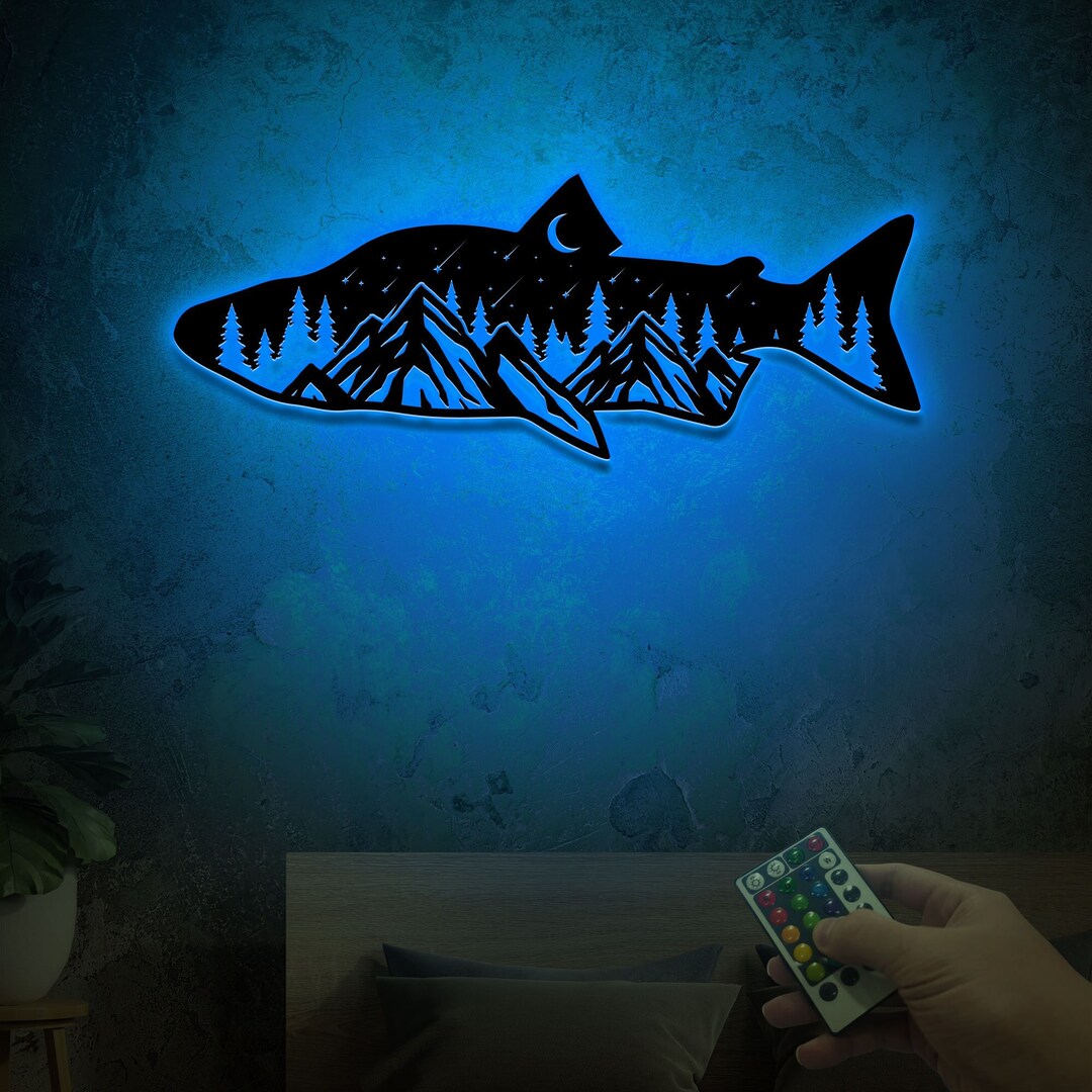 Mountain Salmon Metal Wall Art Led Light, Fishing Gifts for Men ...