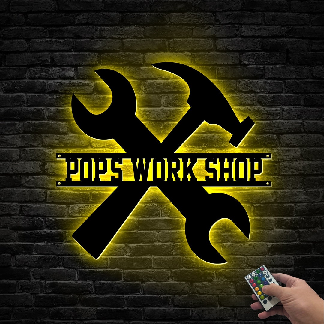Personalized Workshop Monogram Metal Wall With Led Lights, Dads ...