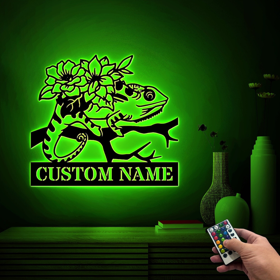 Custom Floral Crested Gecko Metal Sign With Led Light, Lizard Lover ...