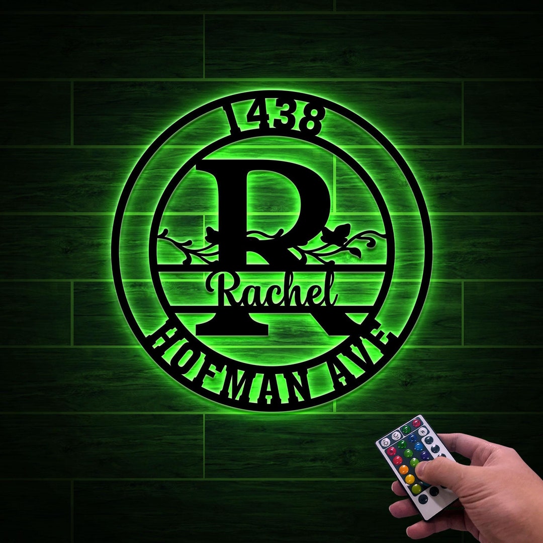 Monogram Address Sign With Led Lights, Custom Metal Monogram Sign ...