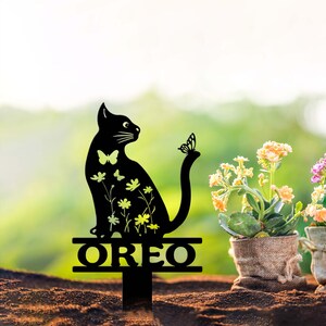 Floral Cat Garden Stake Metal, Cat Garden Sign, Cat Yard Decor, Cat ...