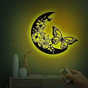Butterfly Moon Metal Sign With Led Lights, Living Room Sign, Floral ...