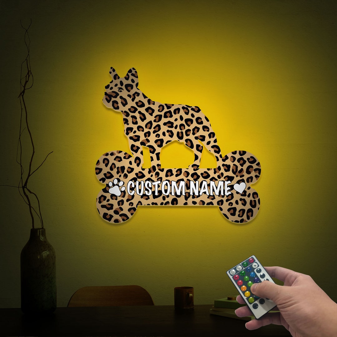 French Bulldog Leopard Print Pattern Metal Sign With Led Light, Dog ...