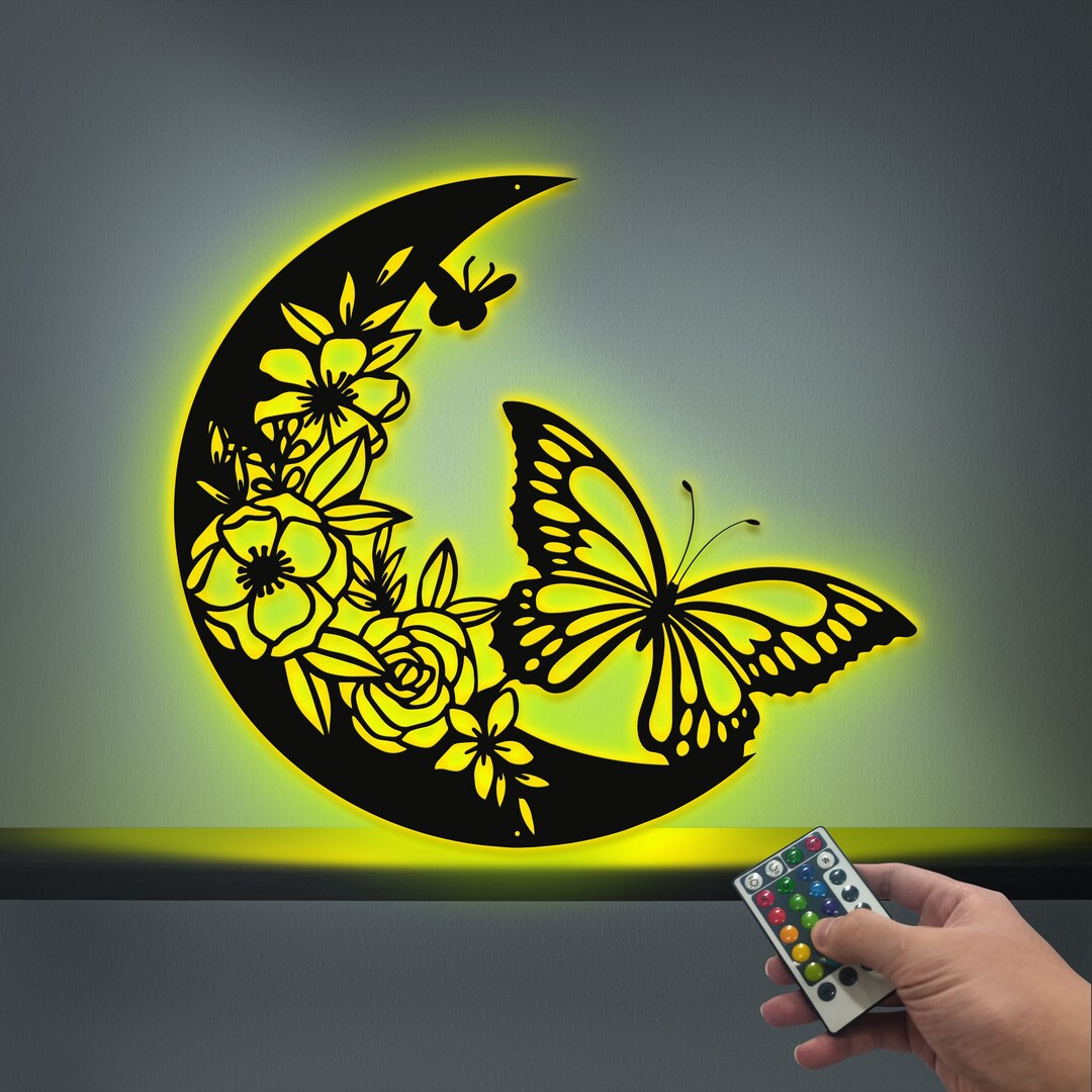 Butterfly Moon Metal Sign With Led Lights, Living Room Sign, Floral ...