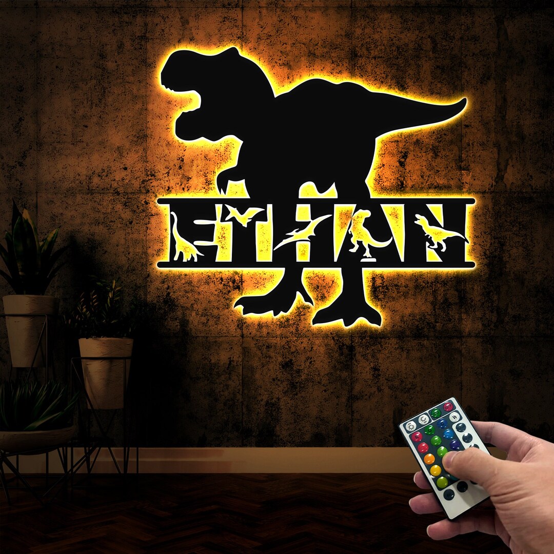 Personalized Dinosaur Monogram Sign With Led Lights, Custom Kid Name ...