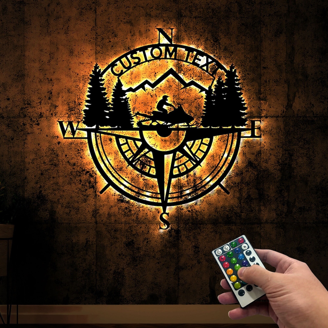 Personalized Snowmobile Compass Metal Wall Art With Led Lights, Winter ...