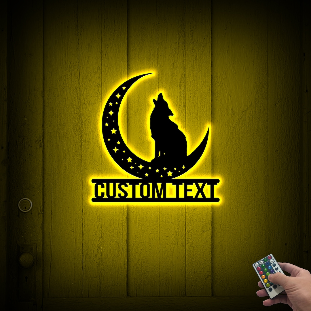 Personalized Wolf on the Moon Metal Wall Art With Led Lights, Wolf Sign ...