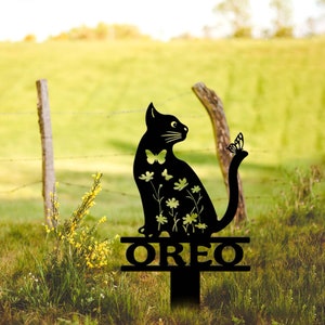 Floral Cat Garden Stake Metal, Cat Garden Sign, Cat Yard Decor, Cat ...