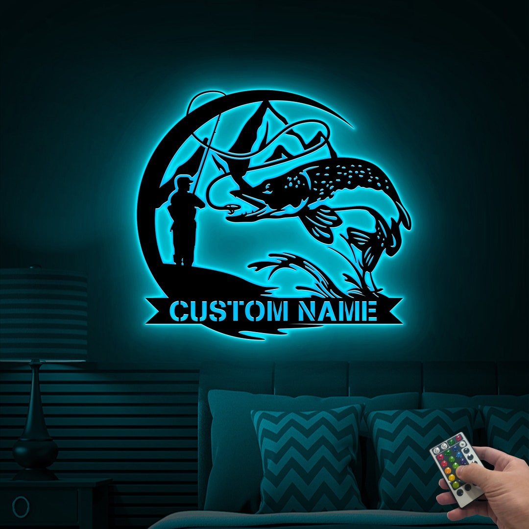 Custom Fishing Metal Wall Art With Led Lights, Northern Pike Fishing ...