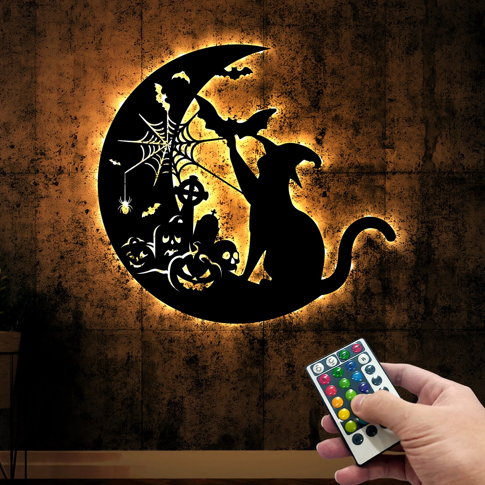 Witch Cat on the Moon Metal Wall Art With LED Lights, Halloween Theme ...