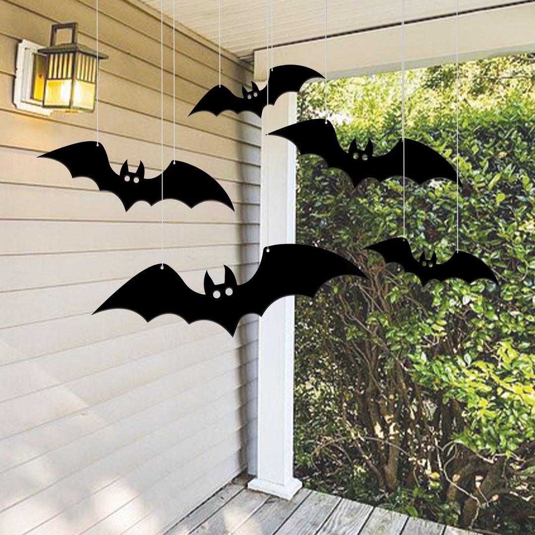 Hanging Bats Halloween Indoor Outdoor Decor, Black Bat Metal Sign ...