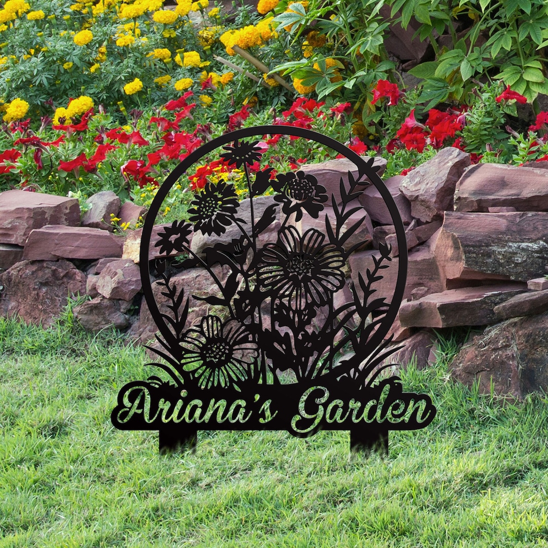 Personalized Metal Flower Garden Stake, Garden Welcome Sign, Flower Bed ...