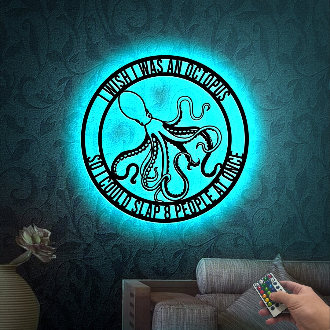 Funny Octopus Metal Wall Art With Led Light, Octopus Home Decor ...