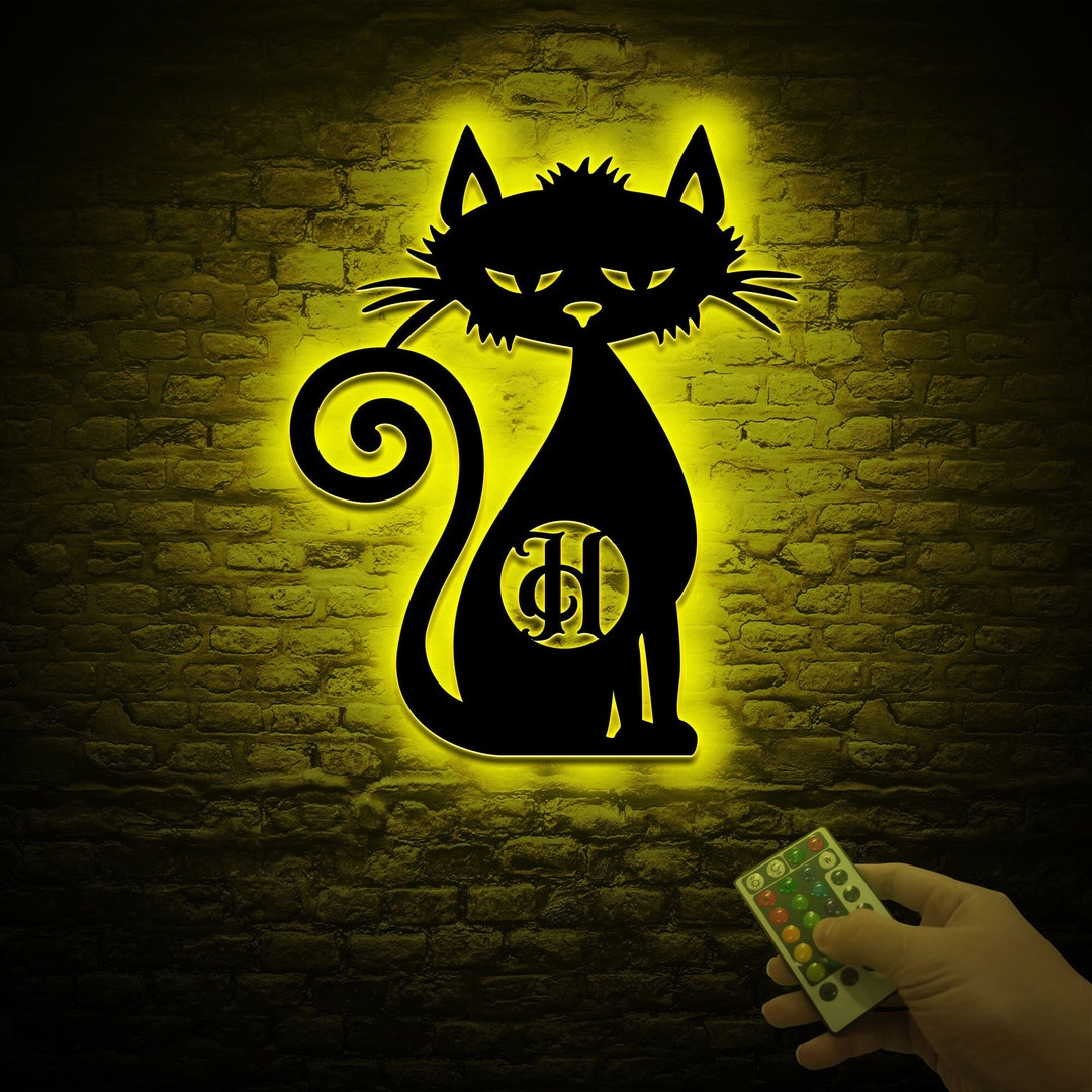 Personalized Cat Halloween Metal Wall Art With Lights, Custom Initial ...