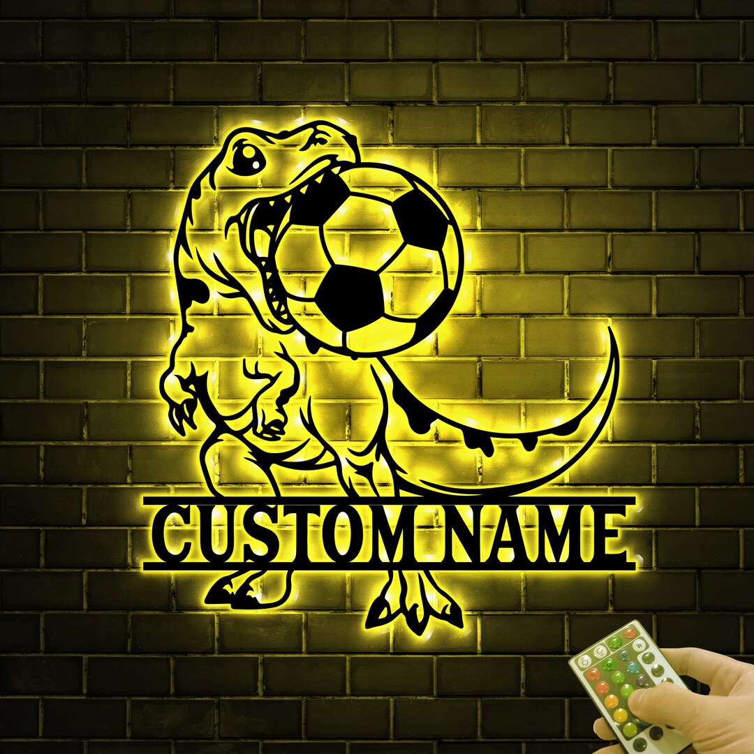 Personalized Cute T-rex With Soccer Ball Metal Wall Art With Led Lights ...