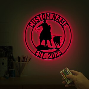 Custom Metal Cowboy Roping Sign With Led Light, Calf Roping Wall Art ...