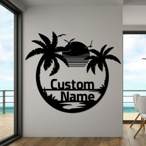 Custom Beach Sunset Palm Trees Metal Sign With Led Lights, Beach House ...