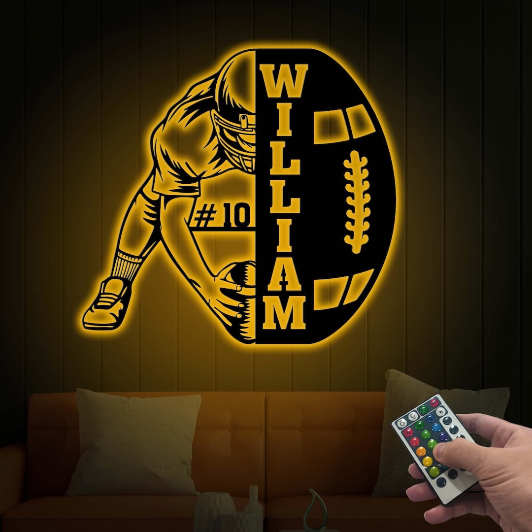 Custom Football Name and Number Metal Sign Led Light, Football Wall Art ...