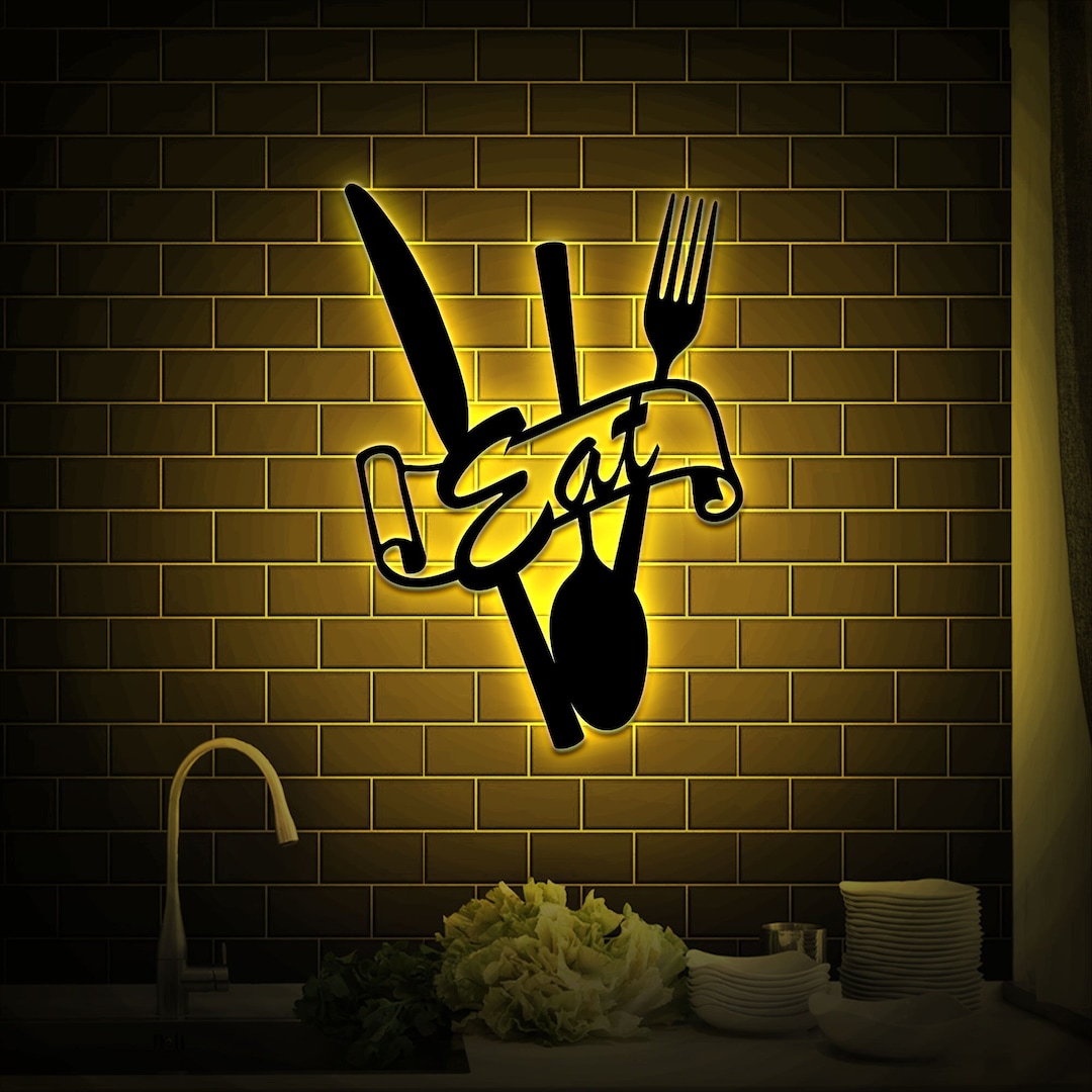 Eat Metal Word With Led Lights, Kitchen Wall Decor, Dining Room Decor ...
