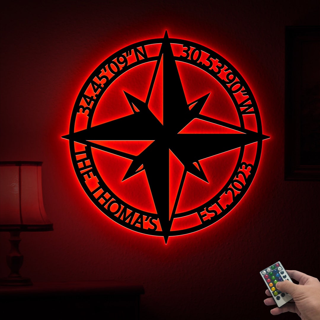 Custom GPS Coordinates Sign With Led Light, Family Name Metal Wall Art ...