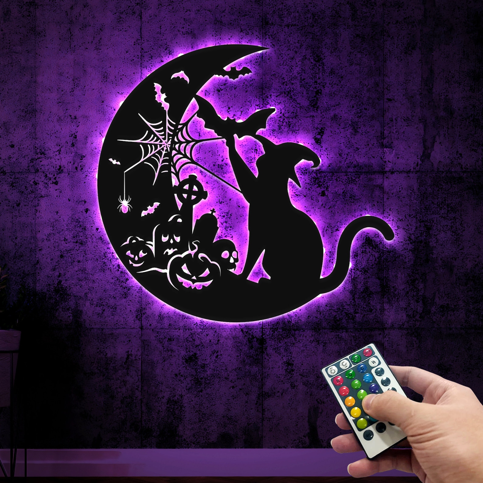 Witch Cat on the Moon Metal Wall Art With LED Lights, Halloween Theme ...