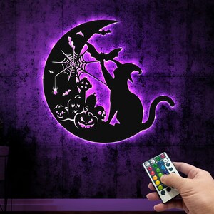 Witch Cat on the Moon Metal Wall Art With LED Lights, Halloween Theme ...