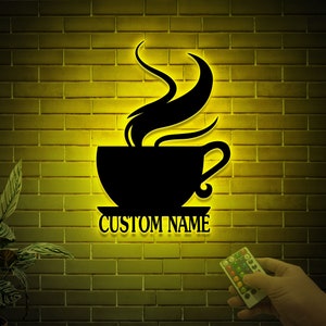 Personalized Coffee Bar Metal Sign With Led Lights, Coffee Cup Sign ...