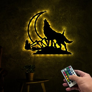 Wolf and Moon Metal Wall Art With Led Lights, Wolf Sign, Wild Life Sign ...