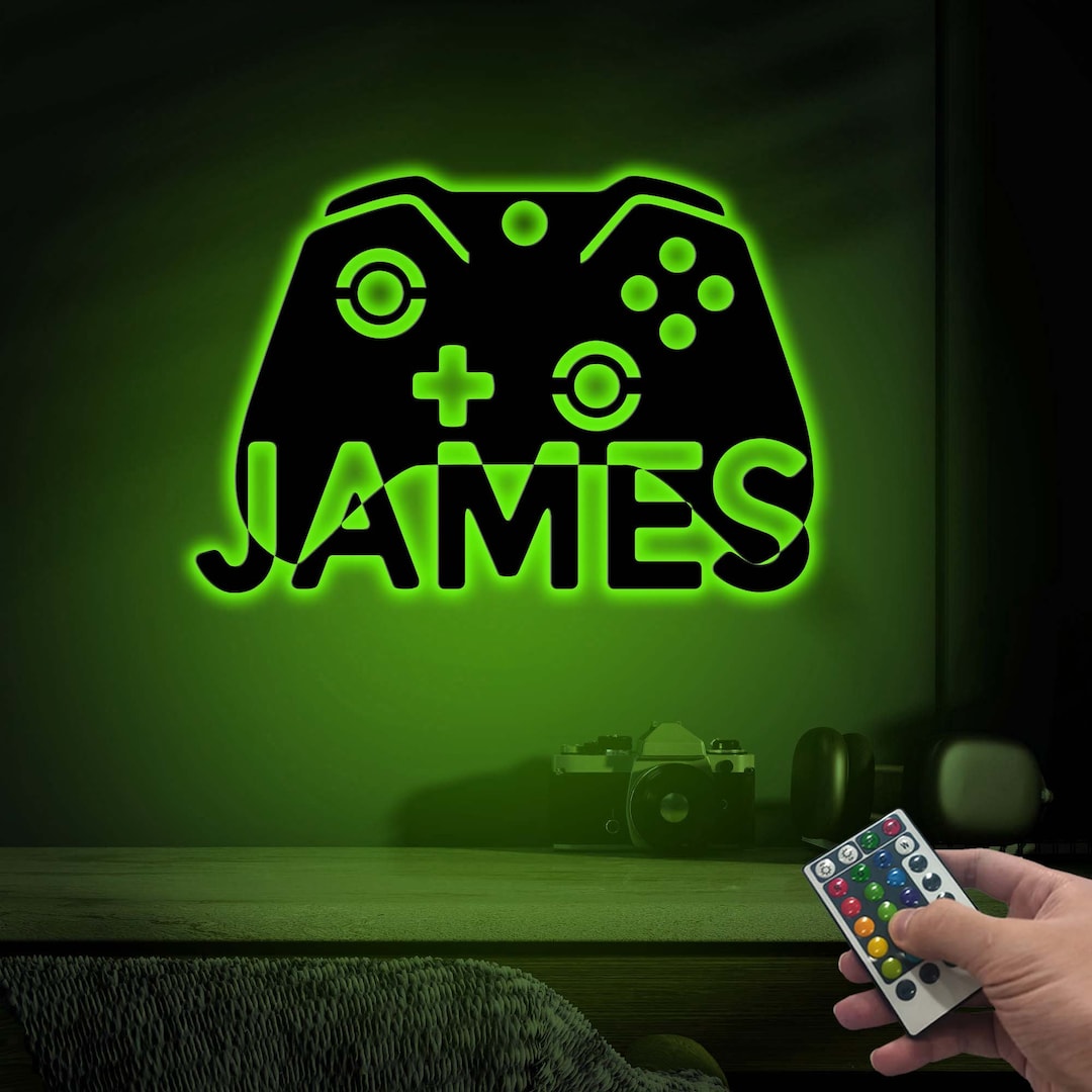 Game Controller Metal Wall Art Led Light, Gamer Name Sign, Game Room ...