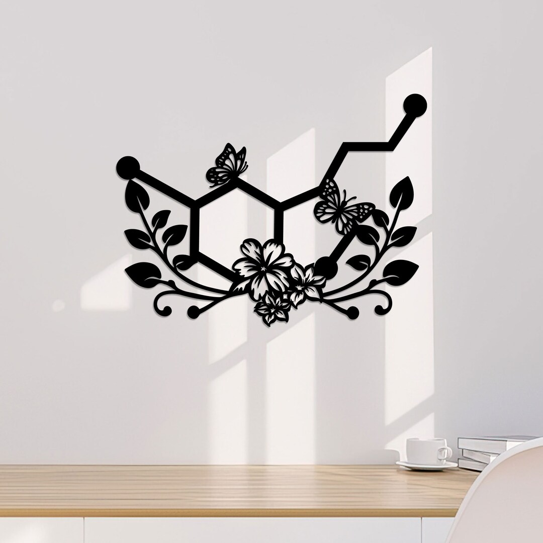 Serotonin Metal Wall Art, Serotonin Molecule Flowers Butterflies Wall ...
