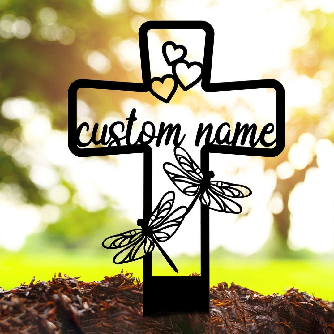 Custom Dragonfly Memorial Cross Stake Metal, Cross With Hearts, Grave ...