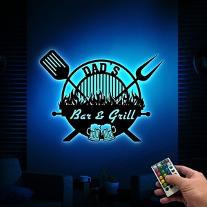 Custom Bar and Grill Sign With Led Lights, Custom Name BBQ Metal Sign ...