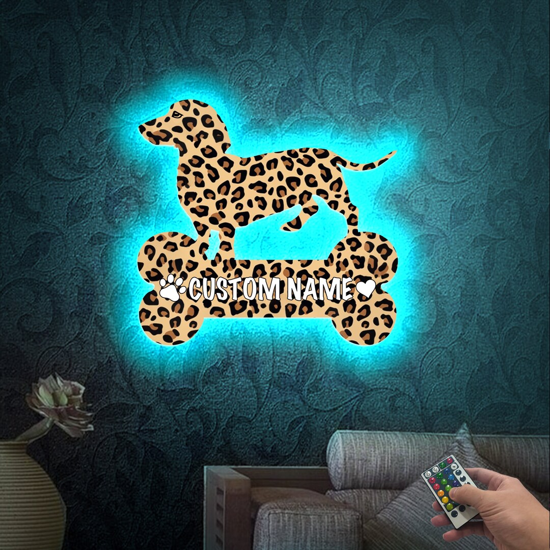 Dachshund Leopard Print Pattern Metal Sign With Led Light, Dog Welcome ...