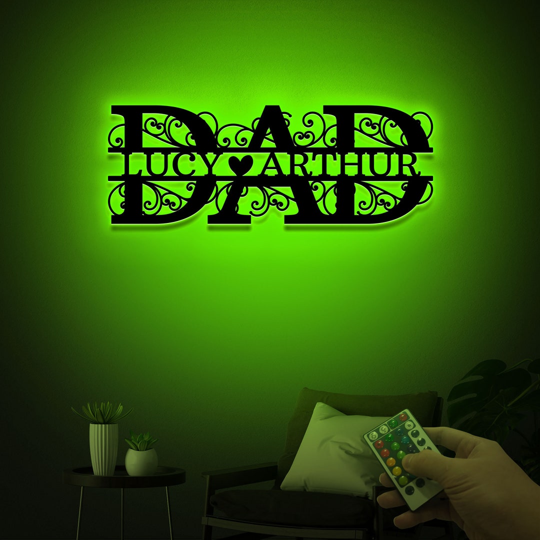 Personalized Dad Metal Sign Led Light With Kids Name, Dad Split Name ...