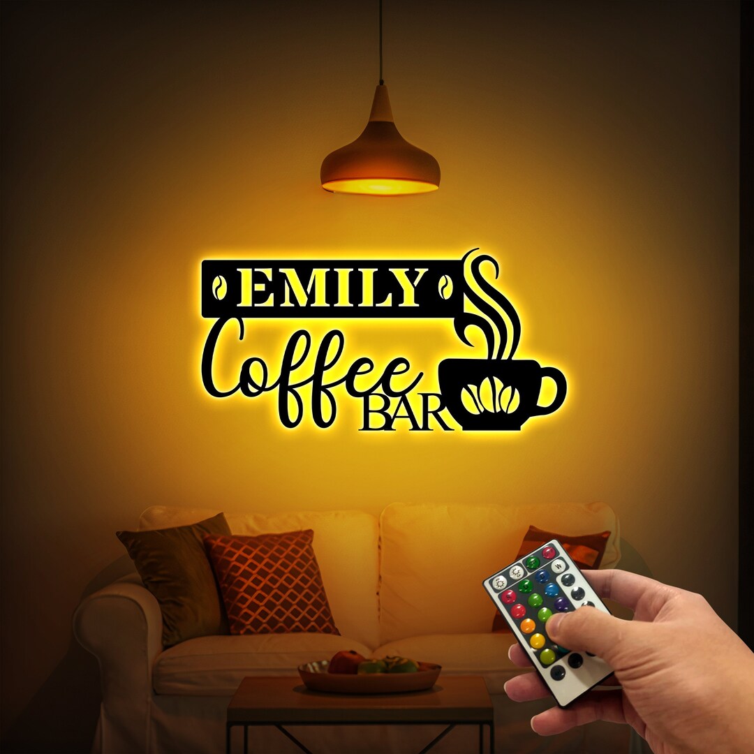 Personalized Coffee Bar Metal Wall Art With Led Lights, Custom Coffee ...