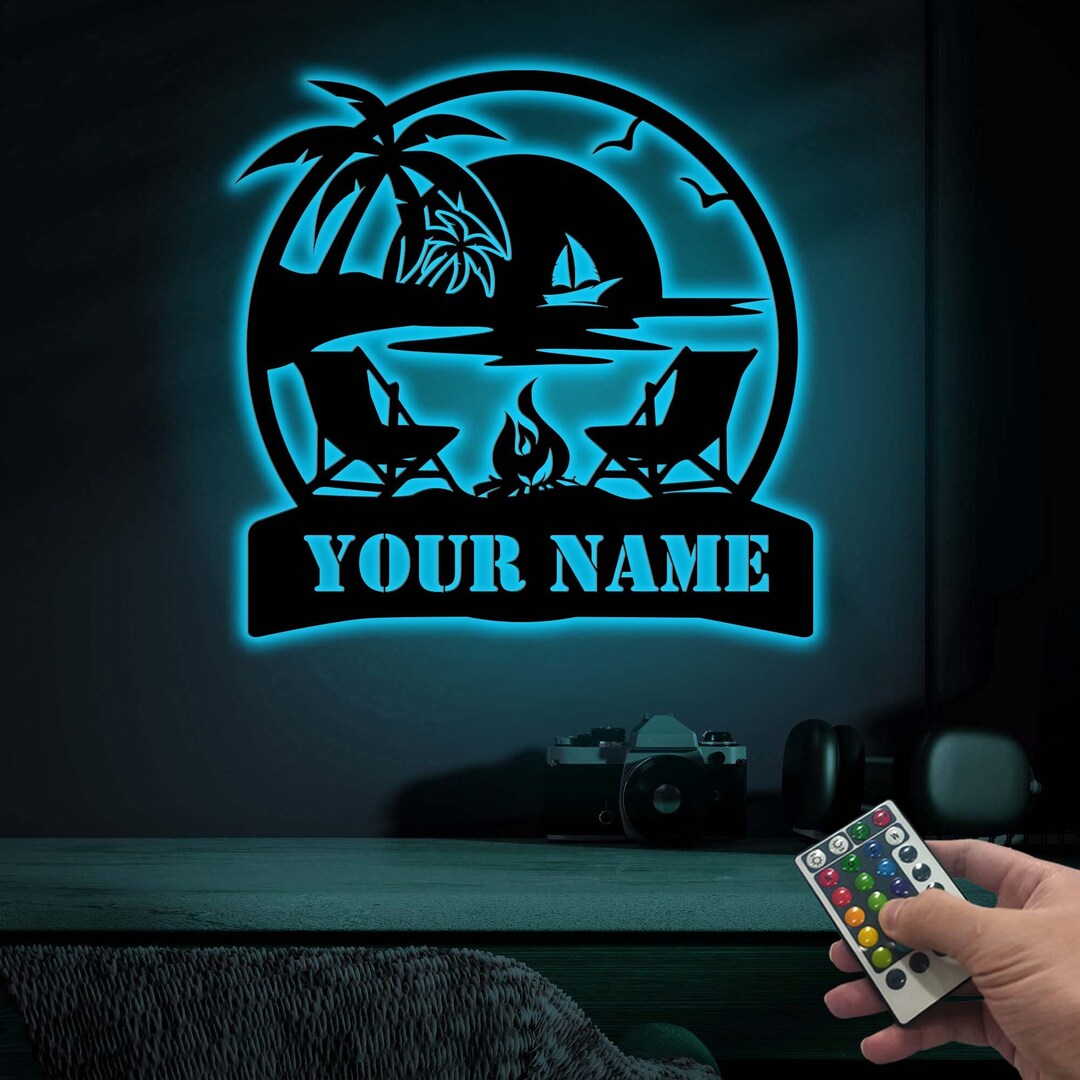 Custom Beach Fire Pit Metal Sign With Led Lights, Firepit With Chairs ...