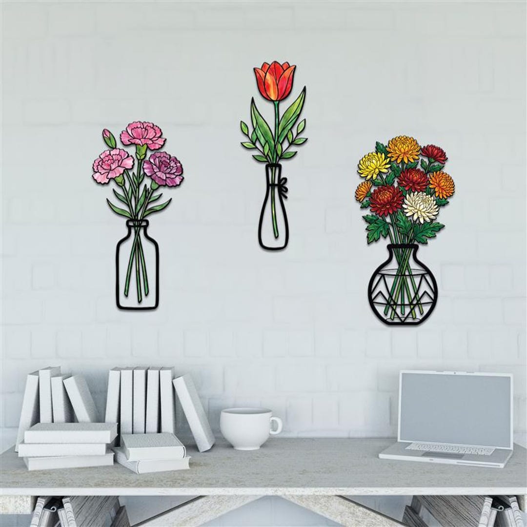 Set of Flowers, Colorful Vase Metal Sign, Floral Metal Wall Art - Etsy