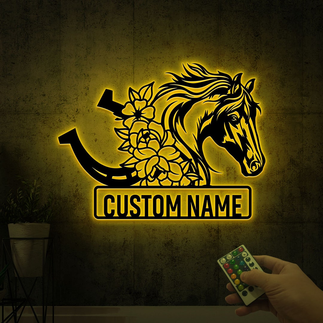 Custom Floral Horse Metal Sign With Led Light, Horseshoe Name Sign ...