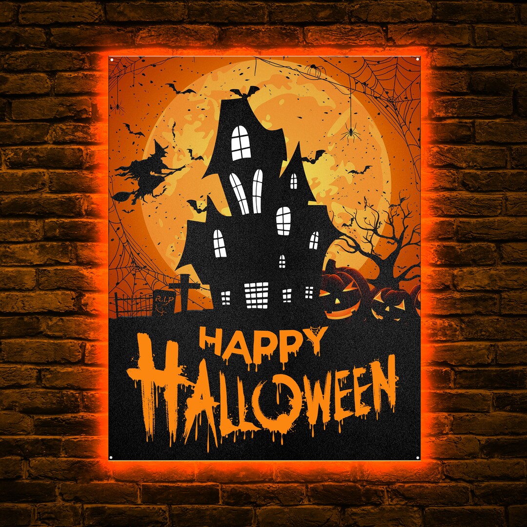 Happy Halloween Metal Sign With Led Lights, Witch House Decoration ...
